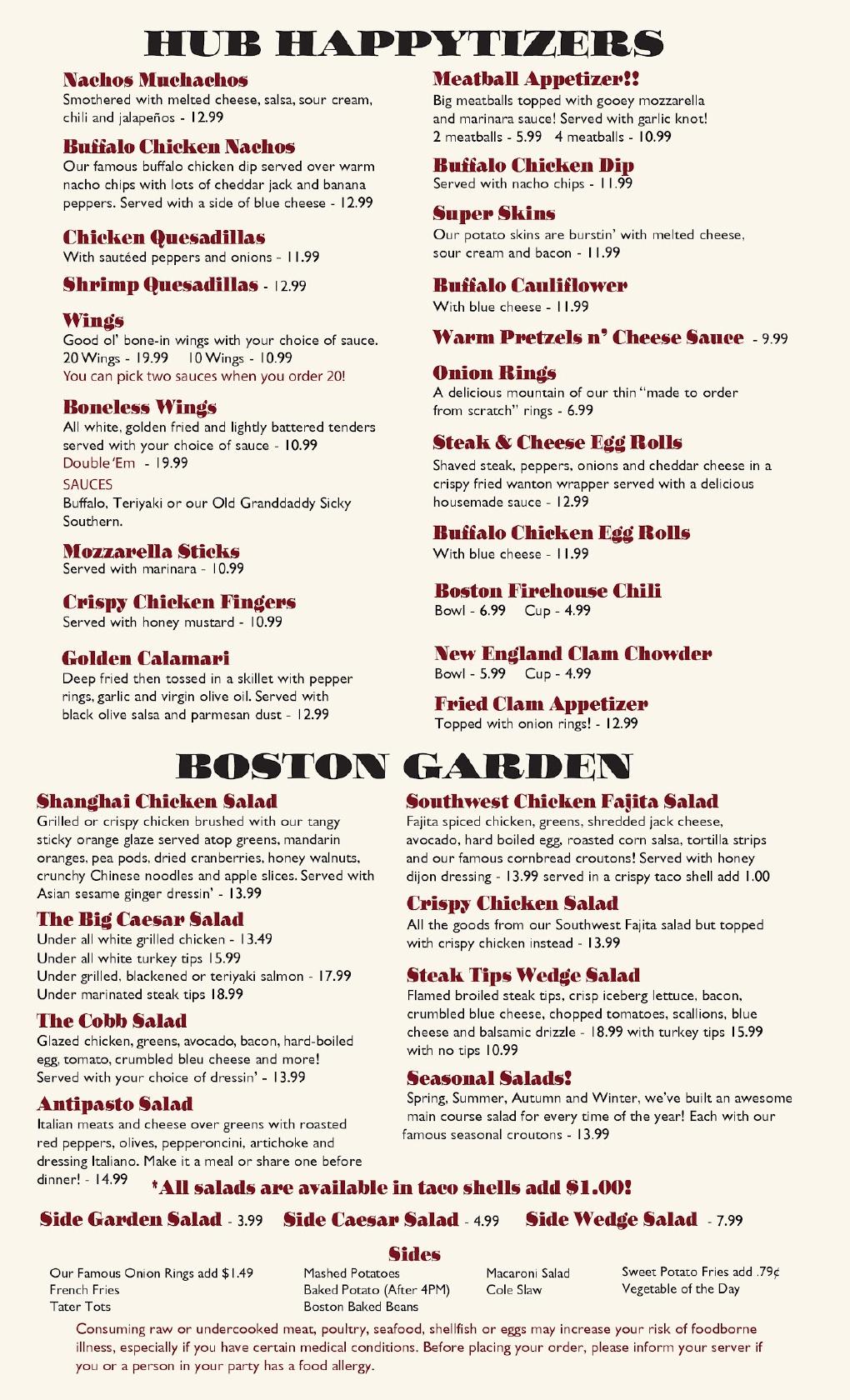 Menu at Boston Tavern pizzeria, Norwood