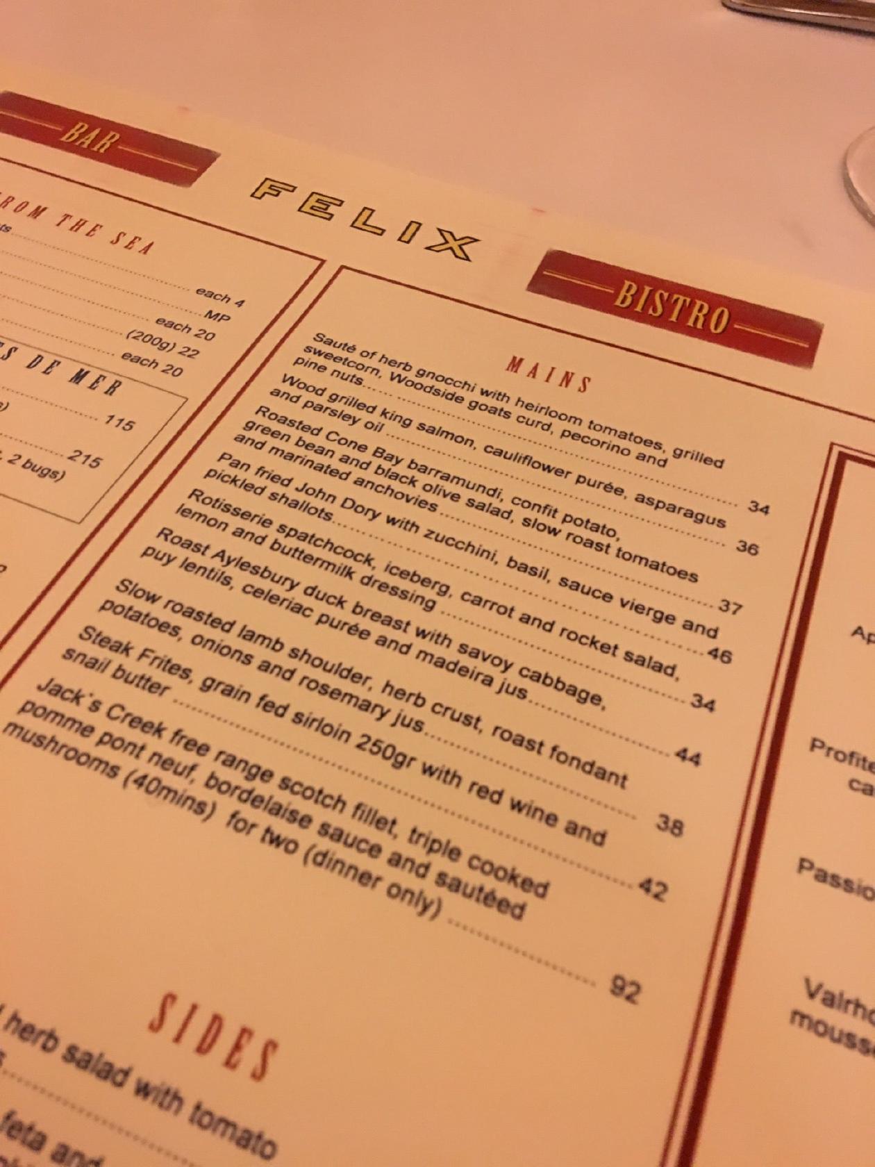 Menu at Felix restaurant, Sydney, 2 Ash St