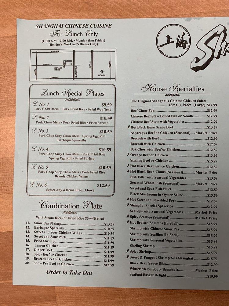 Menu at Shanghai Chinese Cuisine restaurant, Fresno