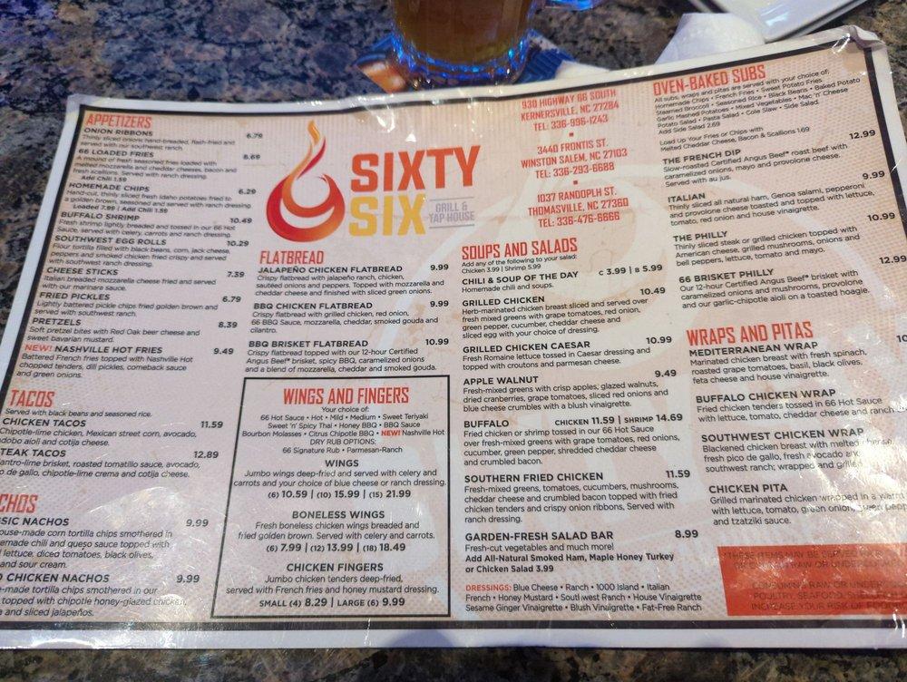 Menu at Sixty Six Grill and Taphouse pub & bar, Winston-Salem