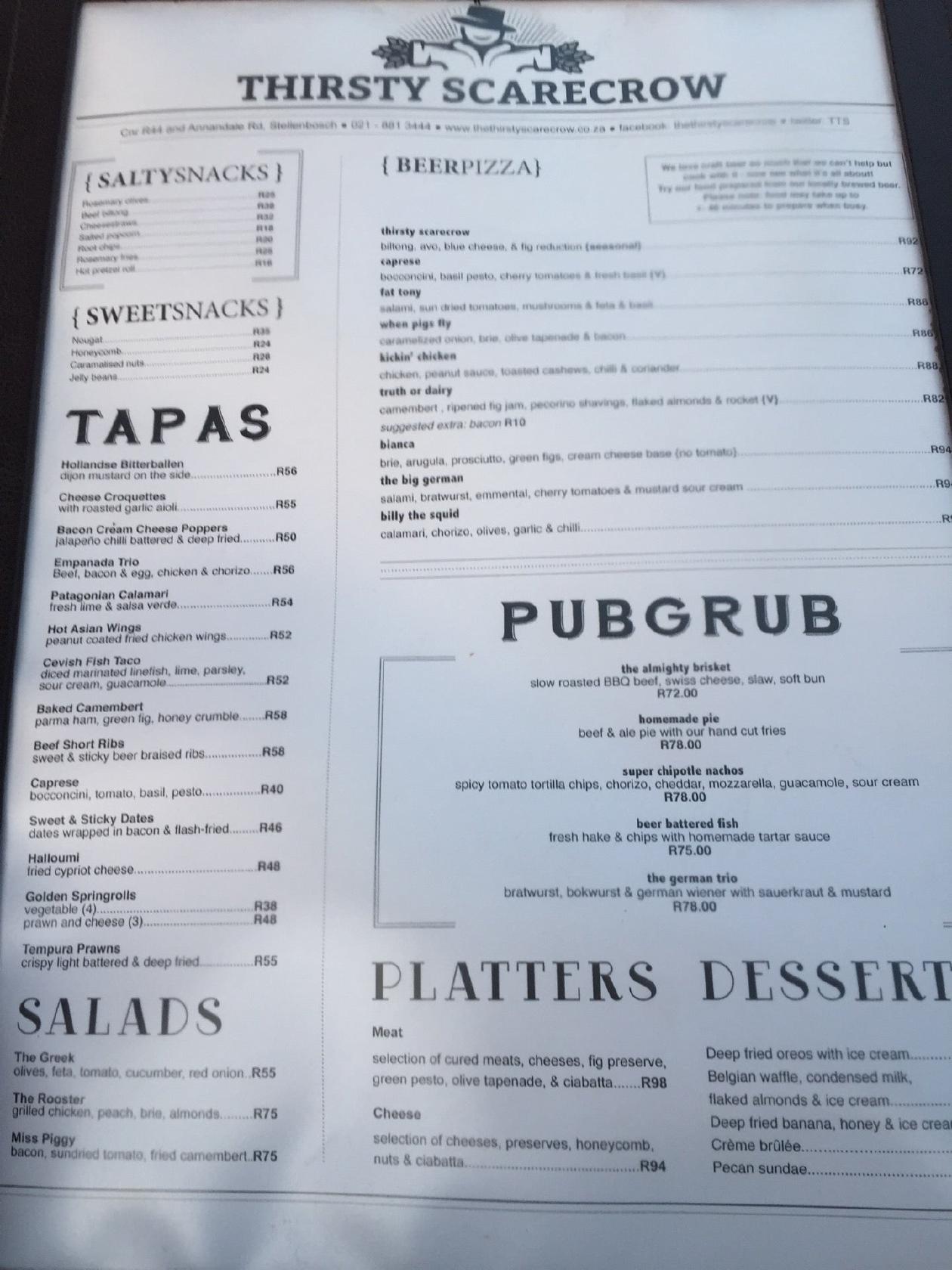 Menu at Thirsty Scarecrow pub & bar, Stellenbosch