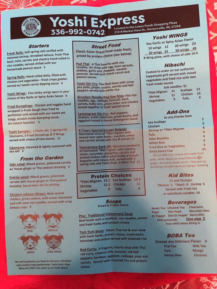 Menu at Yoshi Express restaurant, Kernersville
