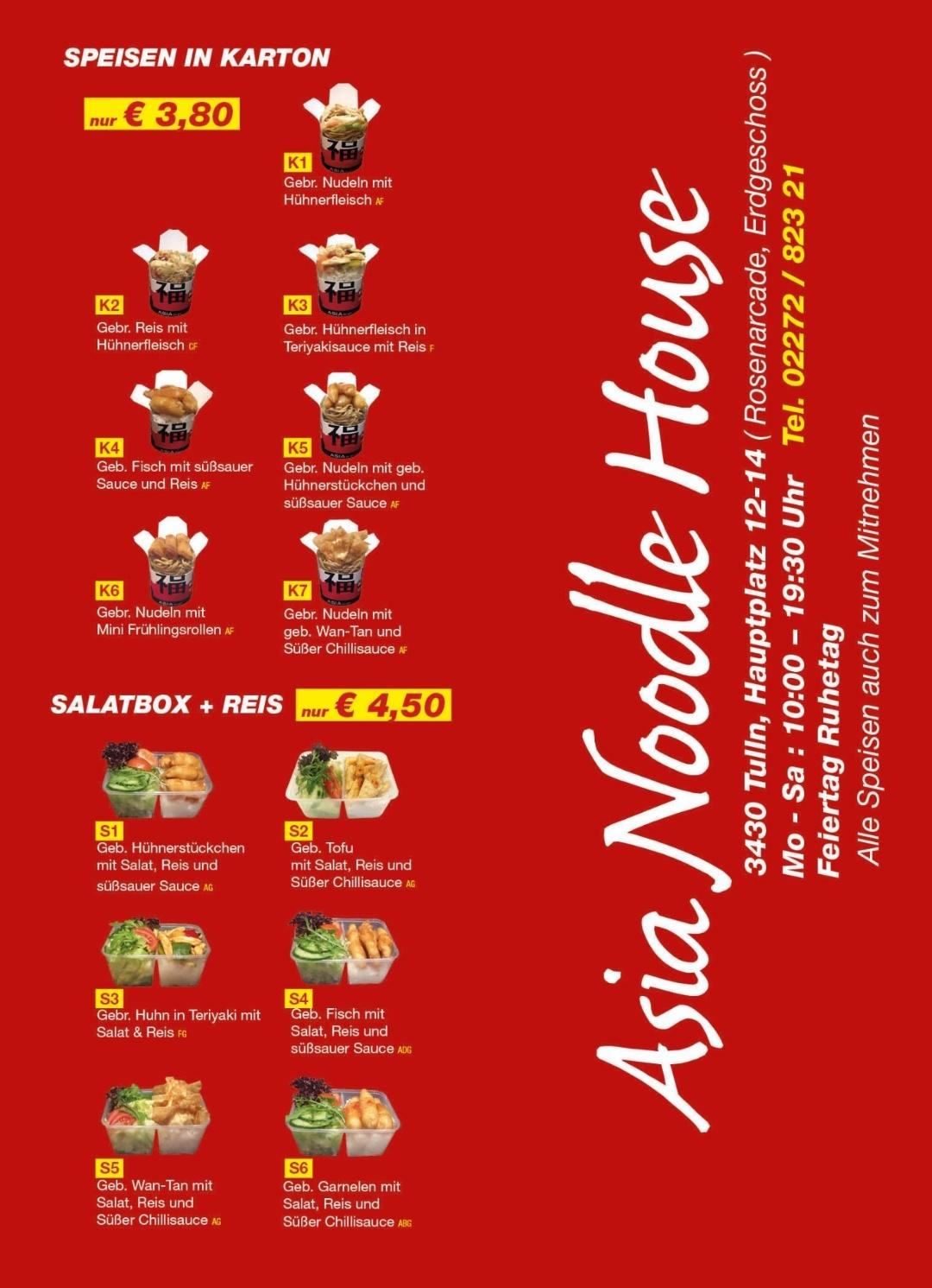 Speisekarte von Asia Noodle House restaurant, Tulln an der Donau