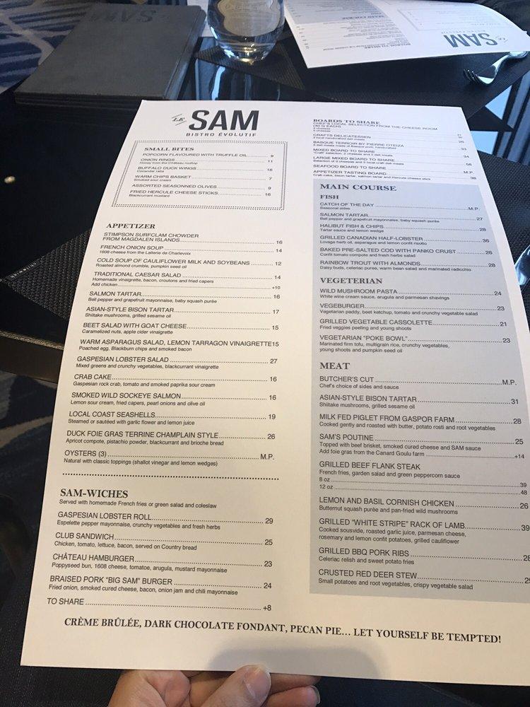 Menu au Le Sam Bistro Évolution restaurant, Québec
