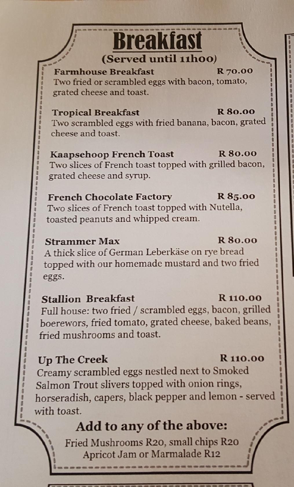 Menu at Bohemian Groove Cafe, Kaapschehoop