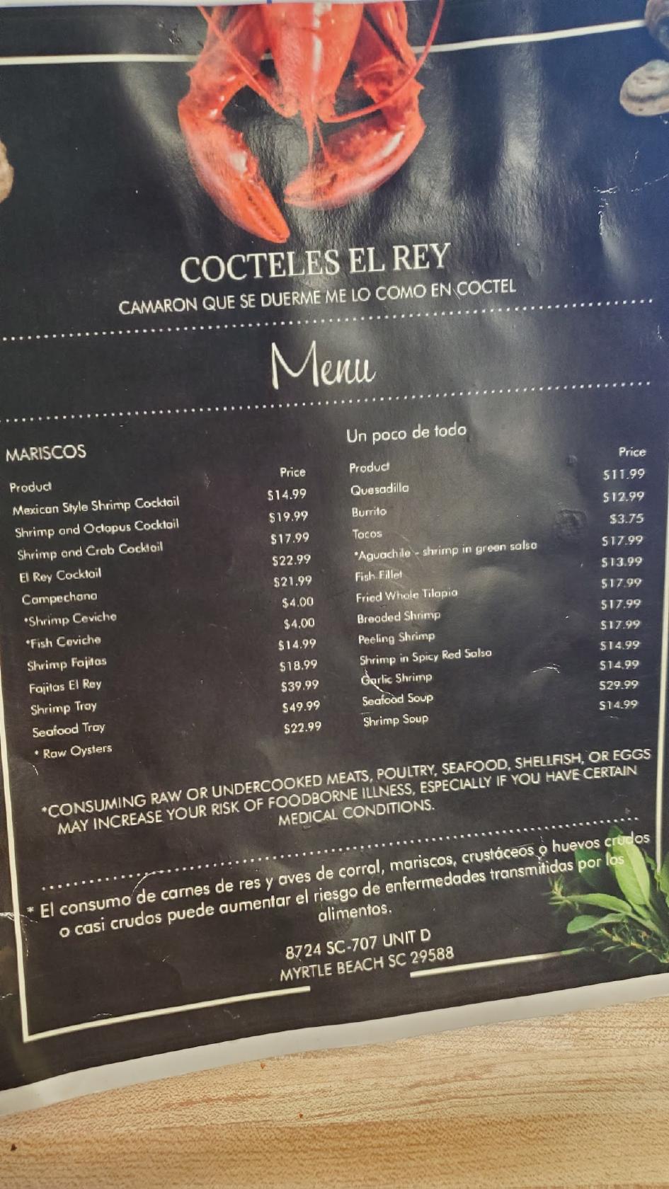 Menu at Cocteles EL REY restaurant, Garden City