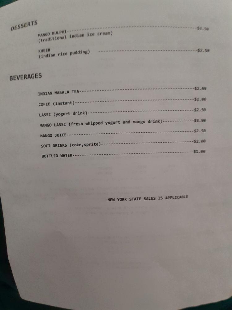 Menu at Currys of India restaurant, Binghamton