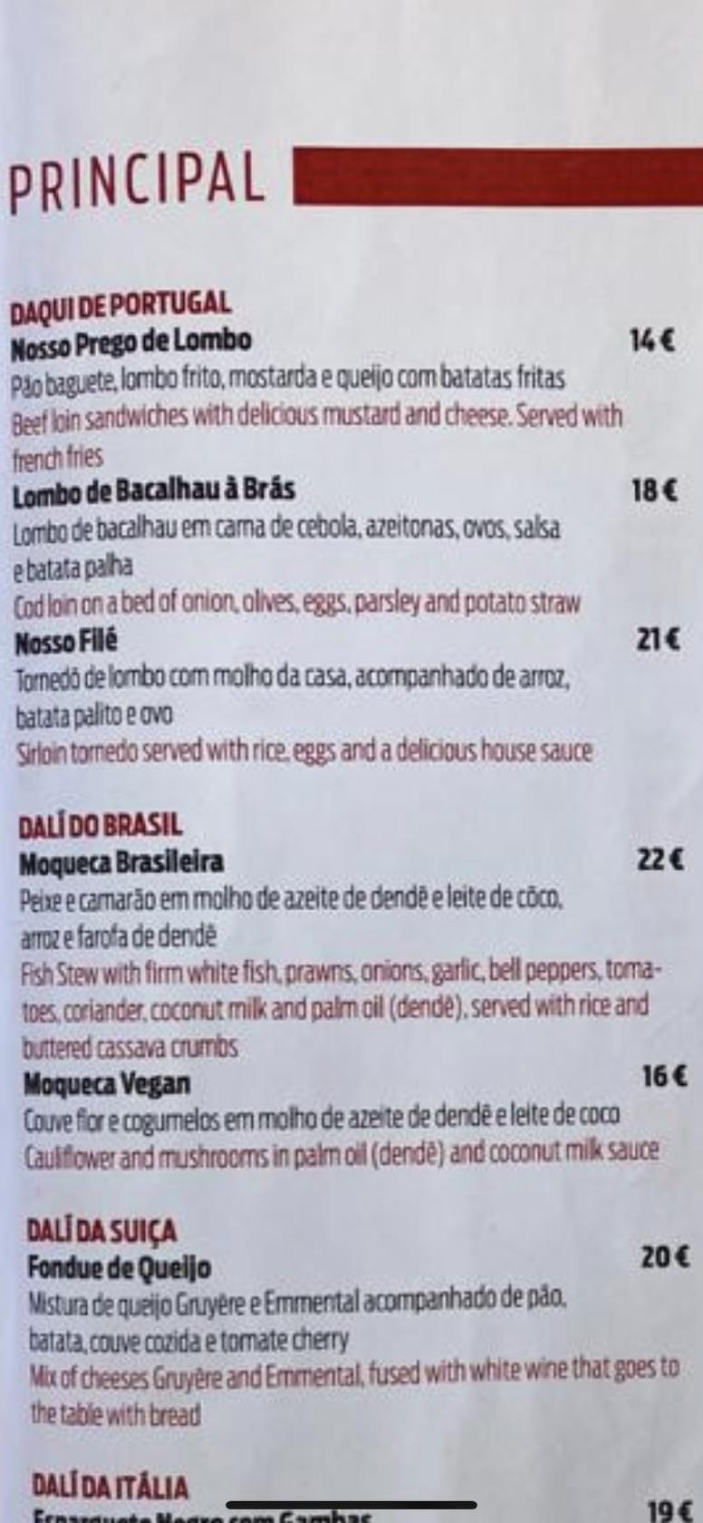 Menu em Dalí Cozinha Surreal restaurante, Lisboa