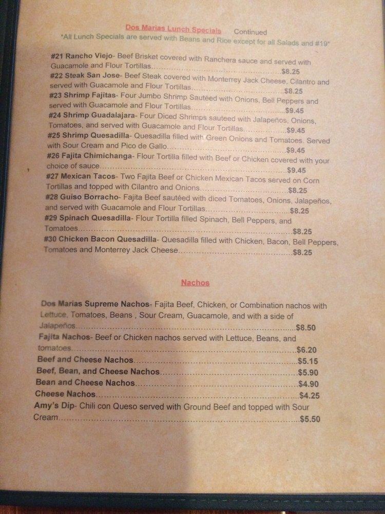Menu at Dos Marias restaurant, Paris, 303 20th St NE