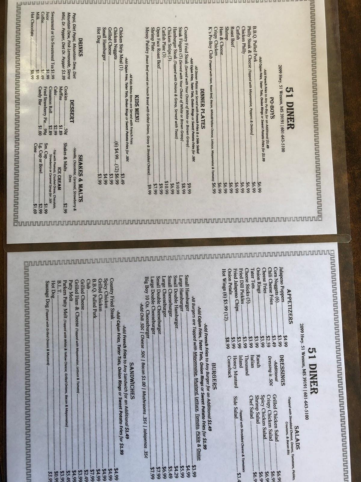 Menu at Fifty One Diner restaurant, Wesson