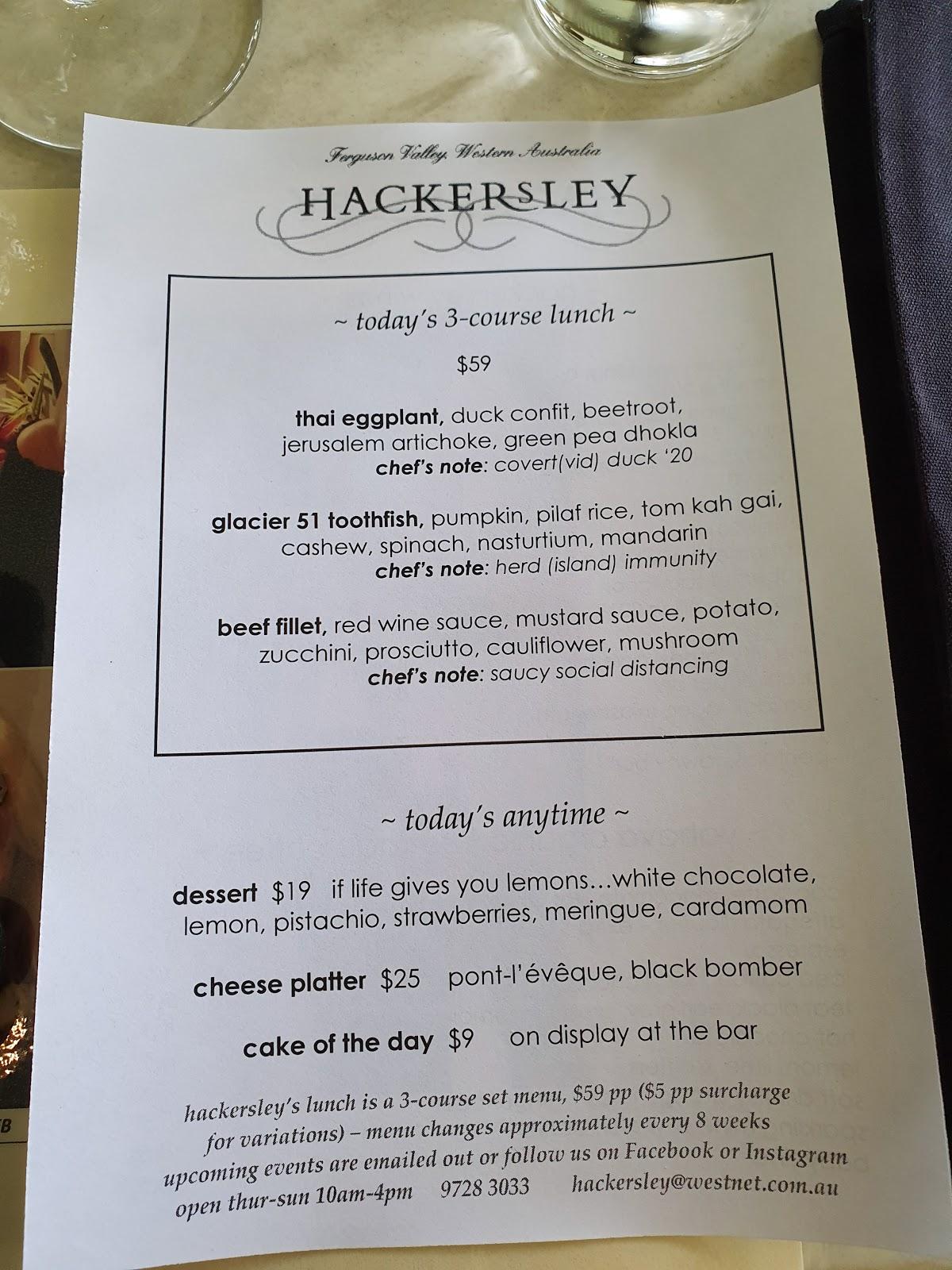 Menu at Hackersley Estate Wines restaurant, Ferguson, Ferguson Rd
