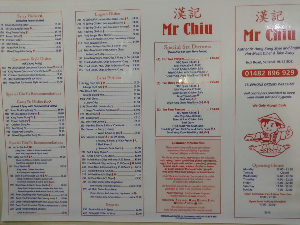 Menu at Mr Chiu restaurant, Hull