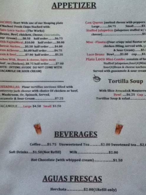 Menu at Plato Loco Restaurant, Red Oak