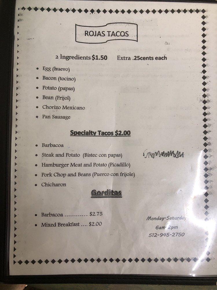 Menu at Rojas Tacos restaurant, Taylor