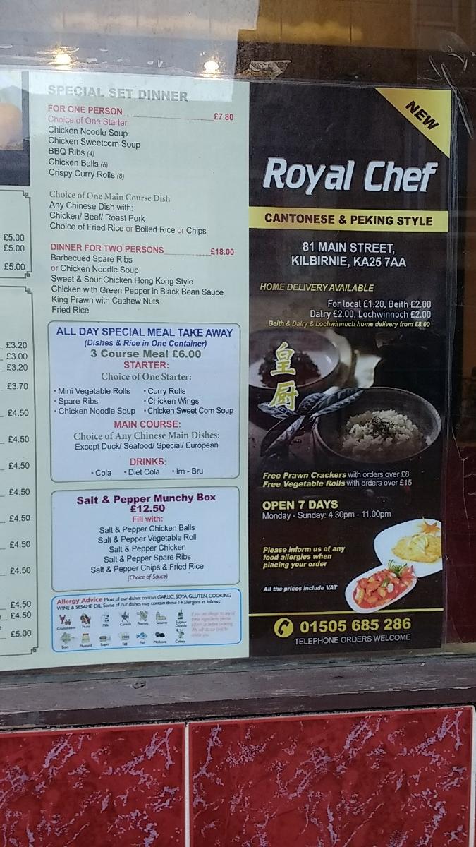 Menu at The Royal Chef fast food, Kilbirnie