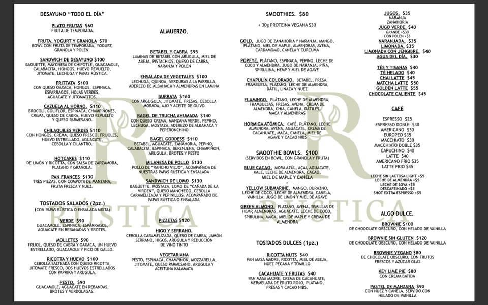 Carta del restaurante Rustica, San Miguel del Allende