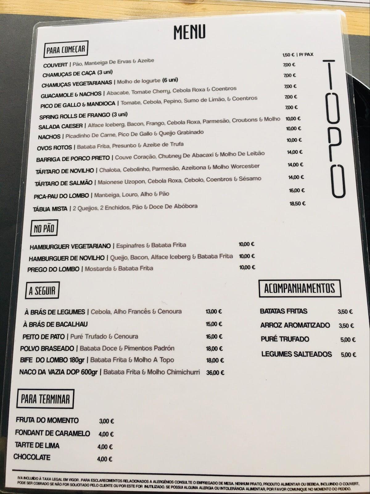 Menu at TOPO MARTIM MONIZ pub & bar, Lisbon, Centro Comercial Martim ...
