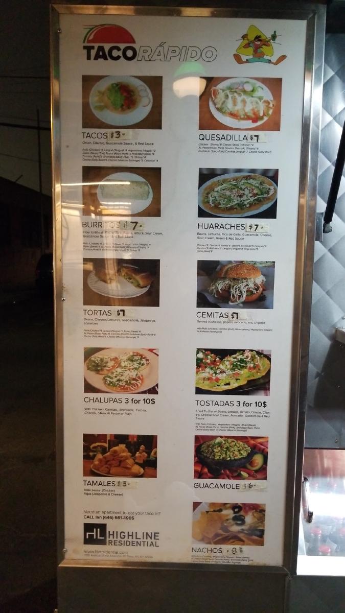 Menu at Taco Rapido restaurant, New York City, 72 Bogart St