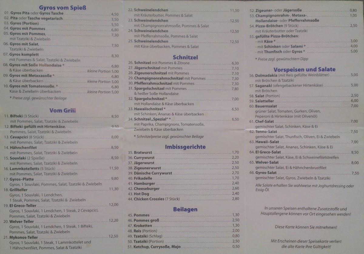 Menu at El Greco restaurant, Welver