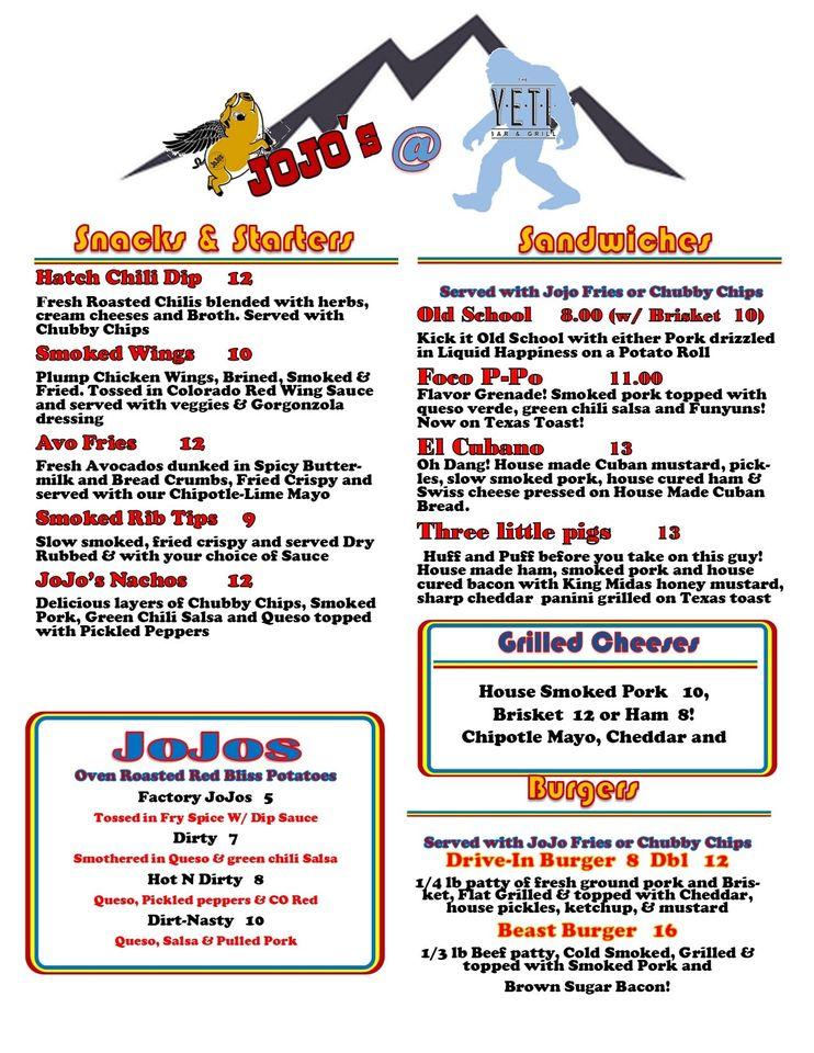 Menu at JoJo's at The Yeti restaurant, Fort Collins