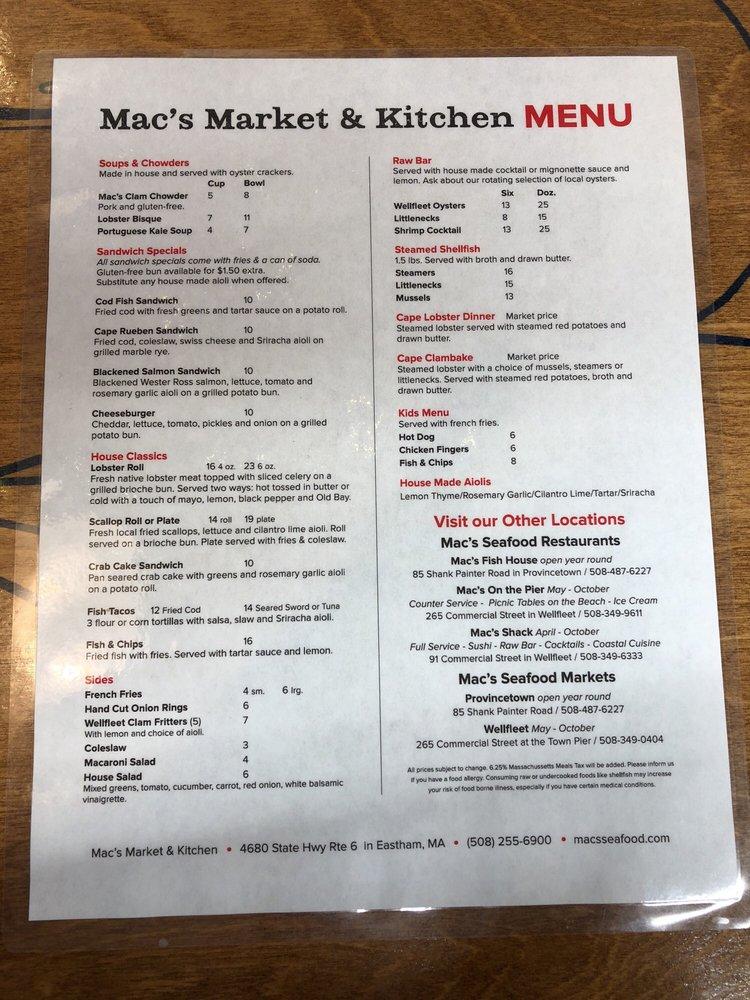 Menu at Mac's Market & Kitchen restaurant, Eastham