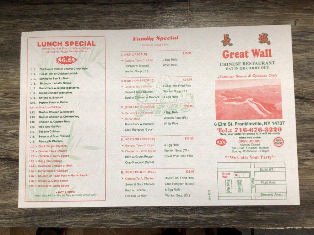 Menu at Great Wall 2 Chinese Restaurant, Franklinville