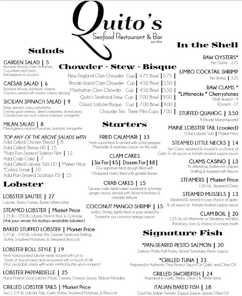 Menu at Quito's Restaurant and Bar, Bristol