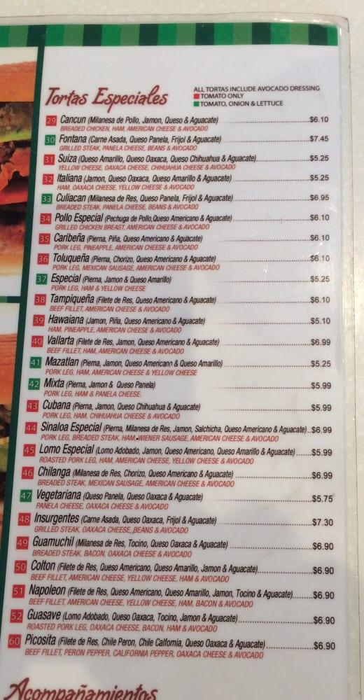 Menu at Tortas Sinaloa restaurant, Ontario