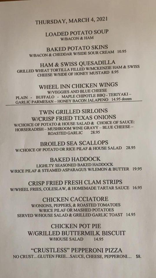 Menu at Wheel Inn restaurant, Benson