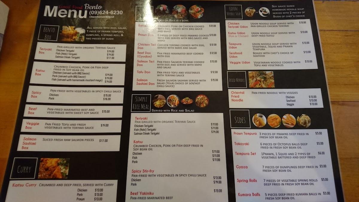 Menu at Bento Japanese Eatery restaurant, Auckland