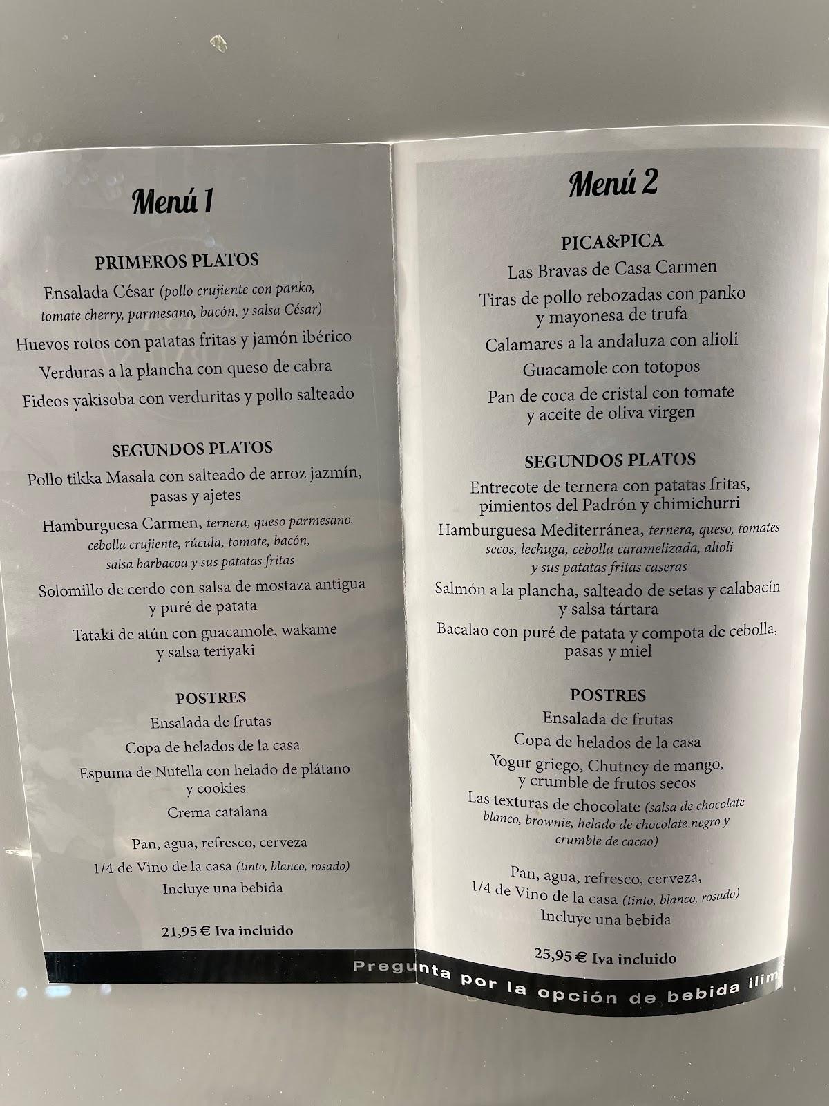 Carta del restaurante Casa Carmen Oasiz, Torrejón del Ardoz