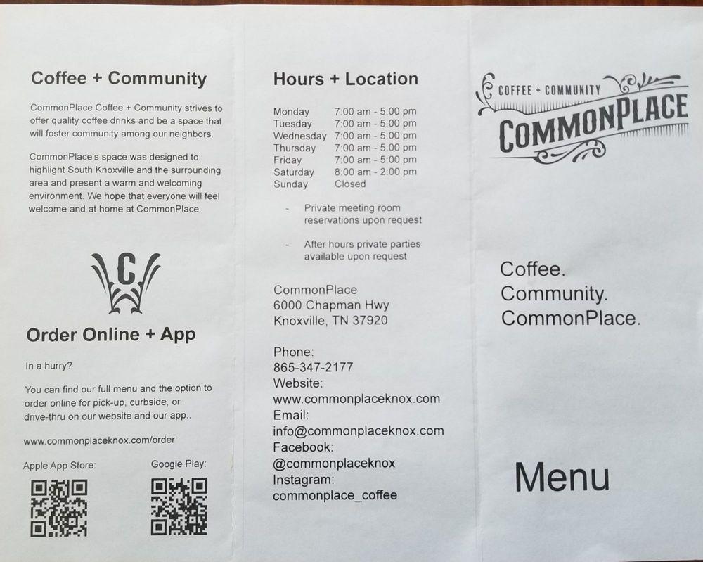 Menu at CommonPlace Coffee + Community restaurant, Knoxville