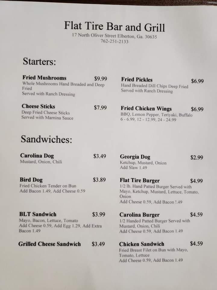 Menu at Flat Tire Bar & Grill, Elberton