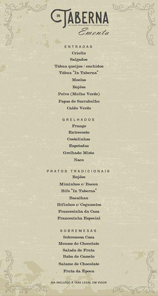 Menu at In Taberna - churrasqueira Pereira pub & bar, Arreigada