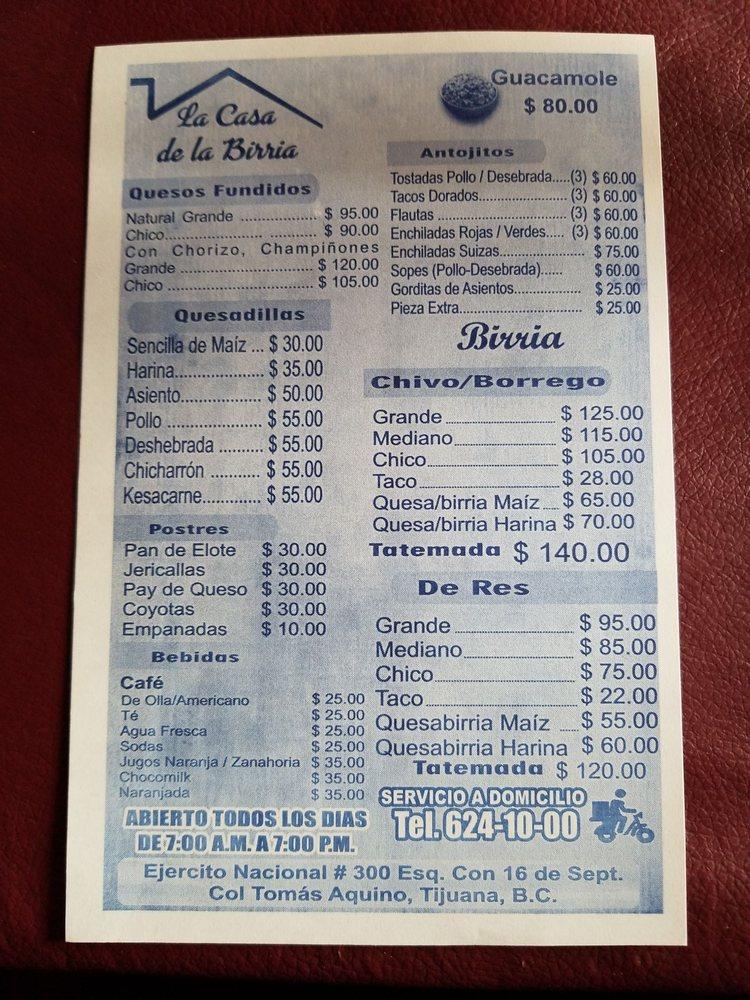Menu at La Casa De La Birria restaurant, Tijuana, C. 16 de Septiembre 2016