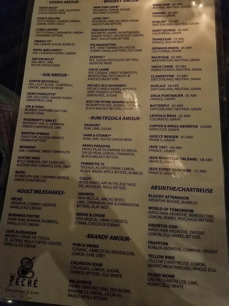Menu at Péché pub & bar, Austin
