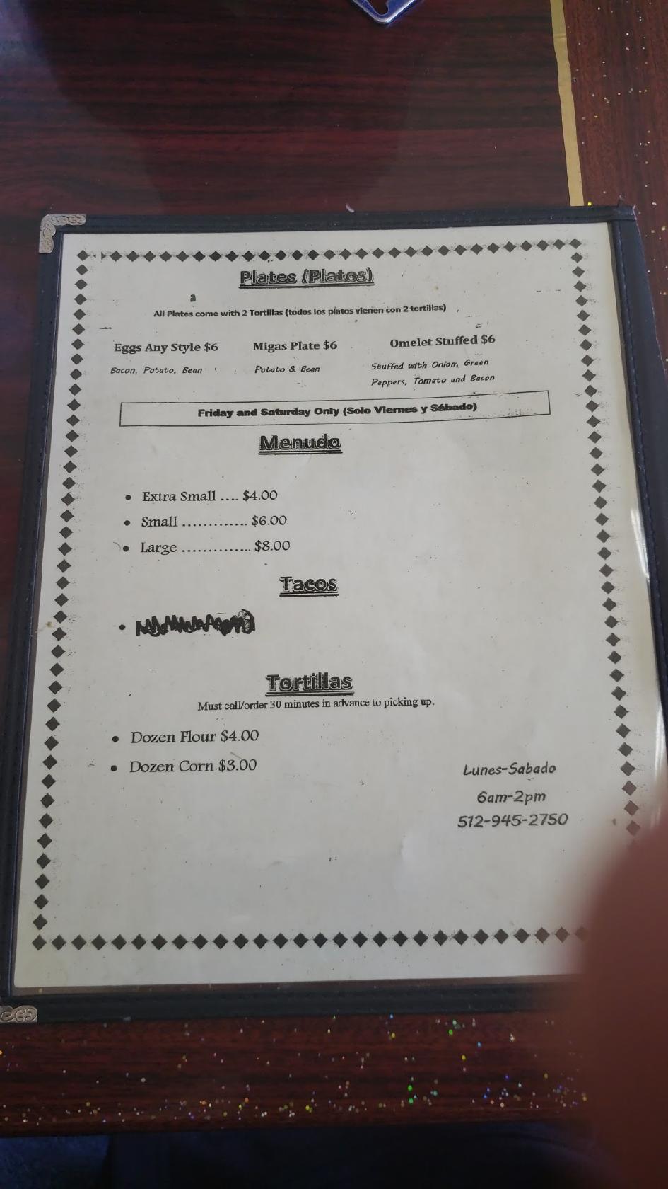 Menu at Rojas Tacos restaurant, Taylor