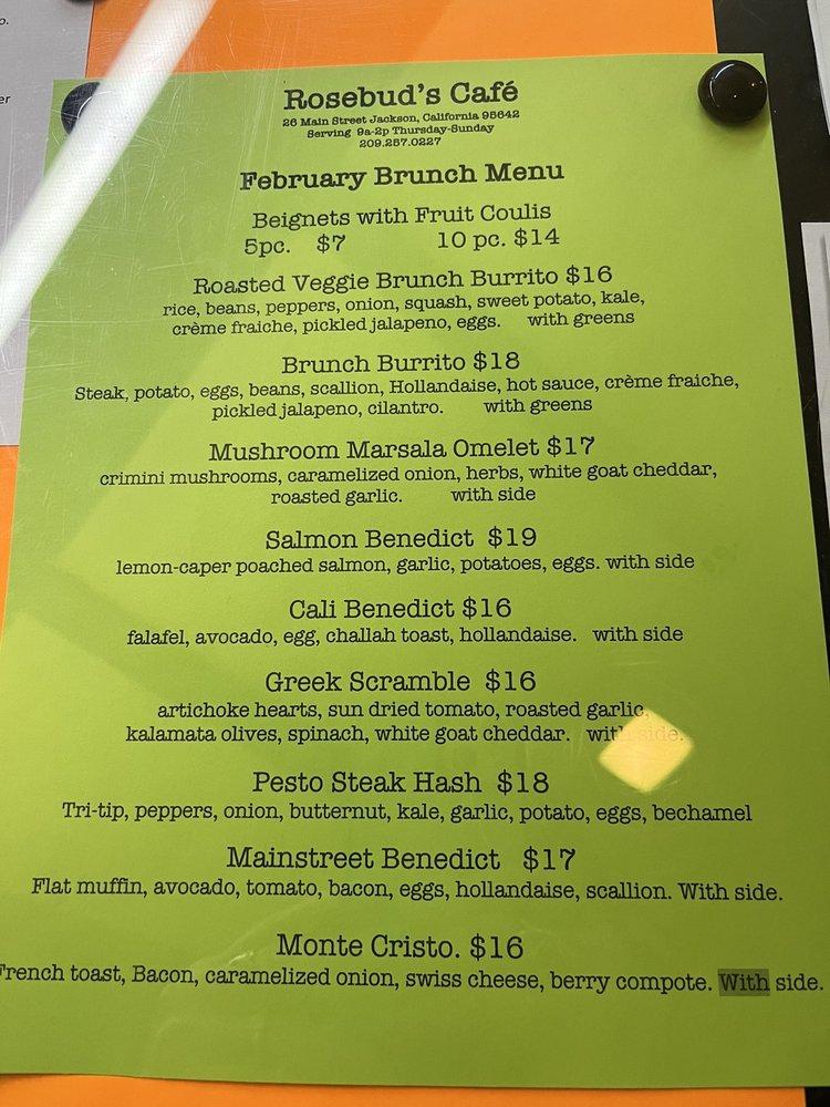 Menu at Rosebud's Cafe, Jackson