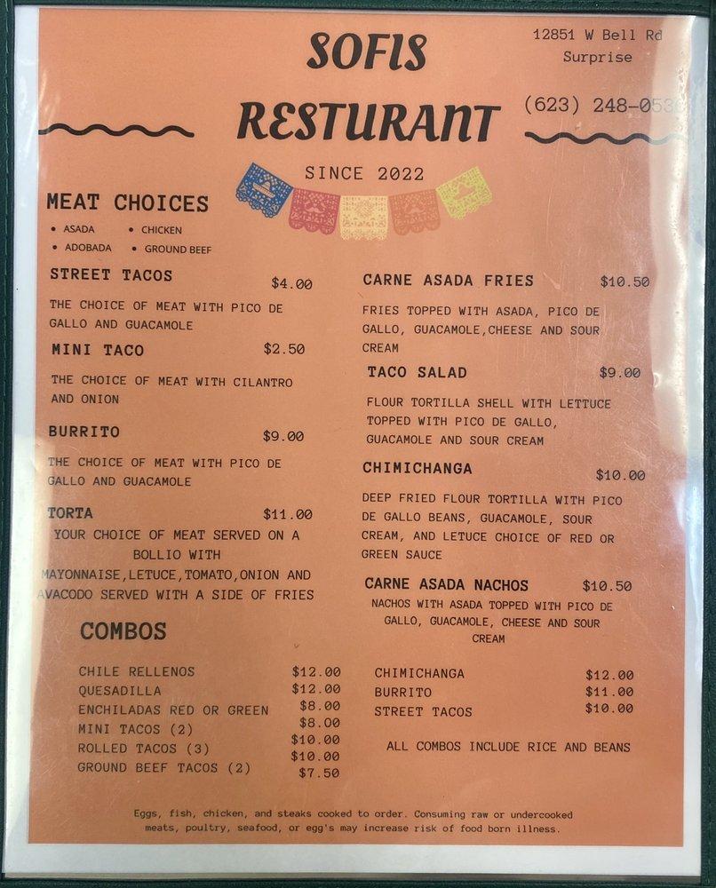 Menu at Sofi’s Restaurant, Surprise