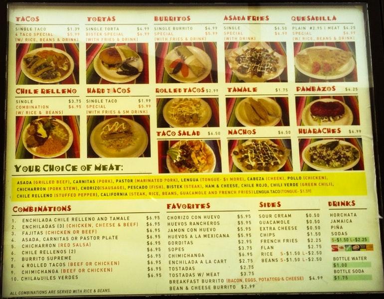 Menu at Tacos La Mexicana restaurant, Las Vegas, S Durango Dr b101