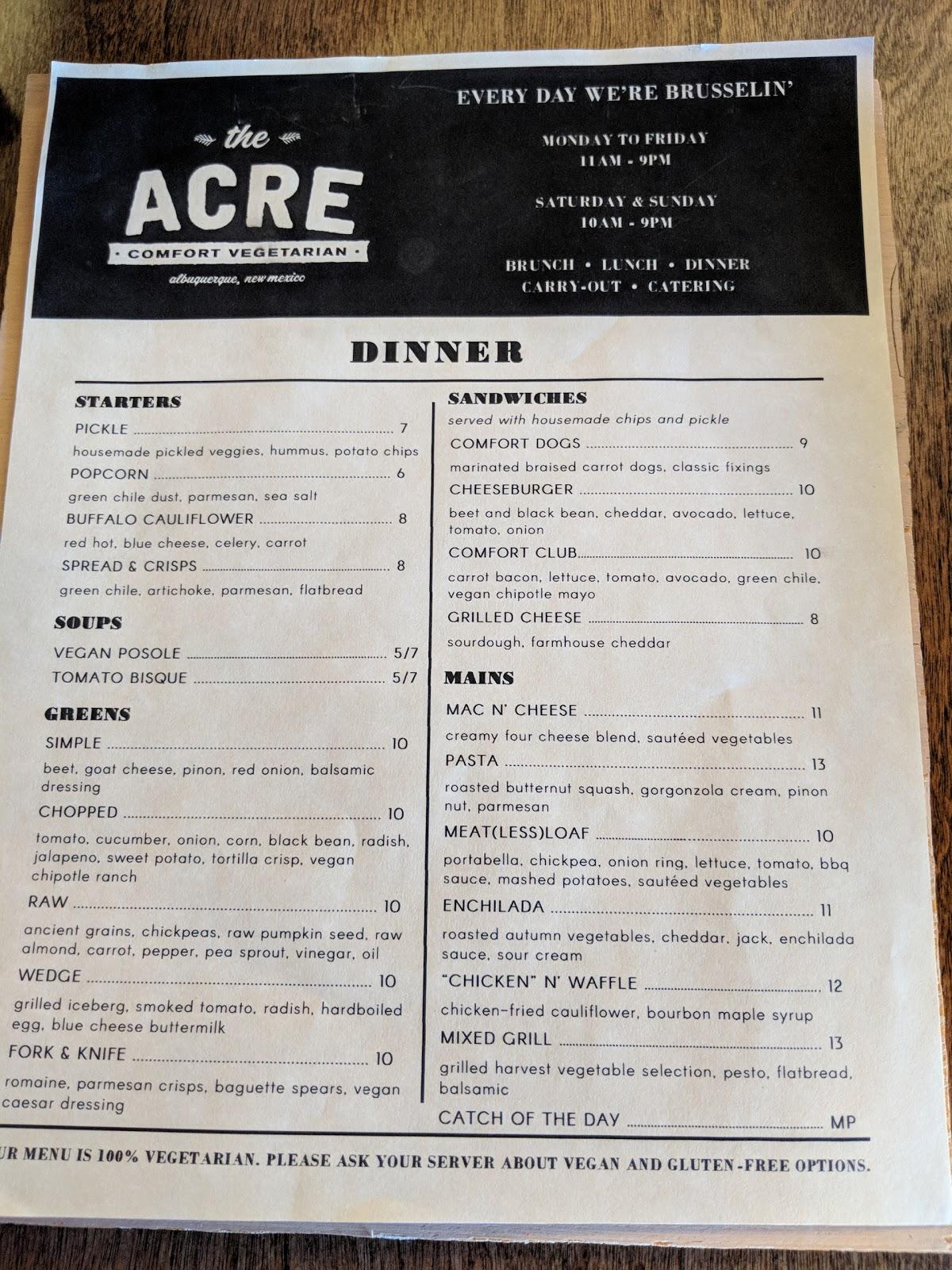 Menu at The Acre restaurant, Albuquerque