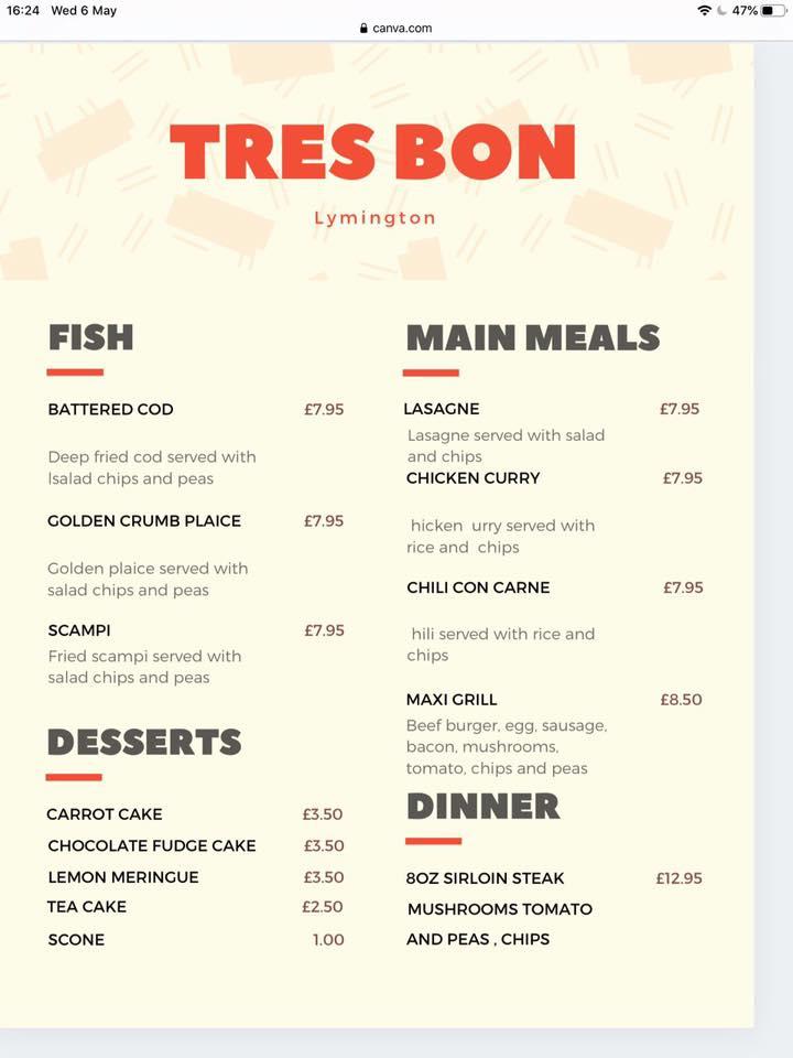Menu at Tres Bon cafe, Lymington, 22 High St
