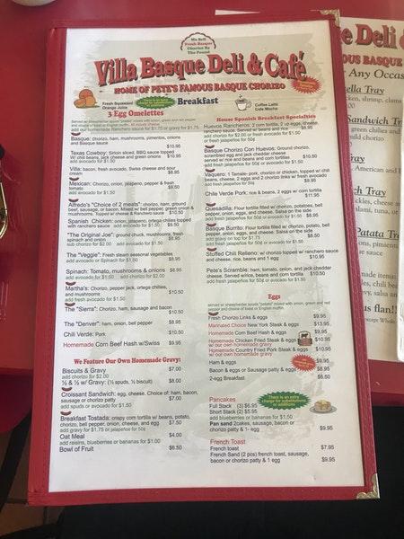 Menu at Villa Basque Café restaurant, Carson City