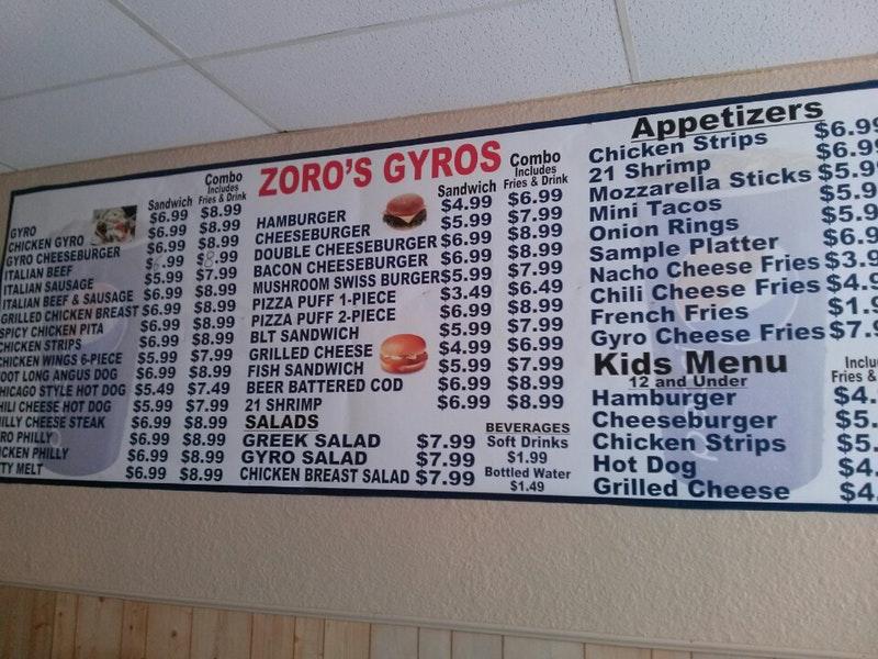 Menu at Zoro's Gyros restaurant, Dubuque