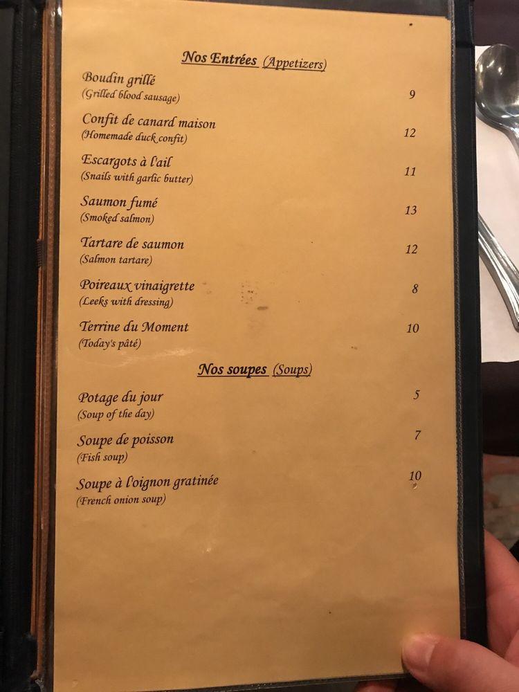 Menu at Bistro St-Malo restaurant, Québec City, 75 Rue Saint-Paul