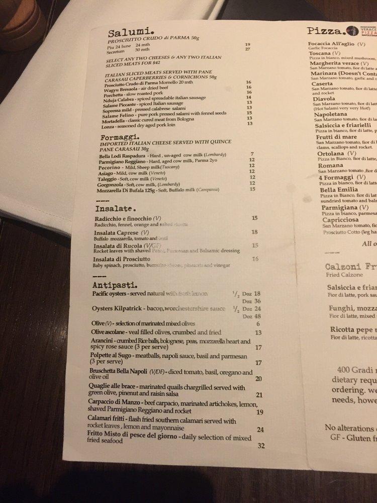 Menu at Gradi at Crown Melbourne pizzeria, Southbank, 8 Whiteman St