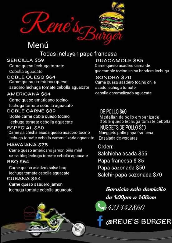 Menu at Rene's Burger restaurant, Navojoa