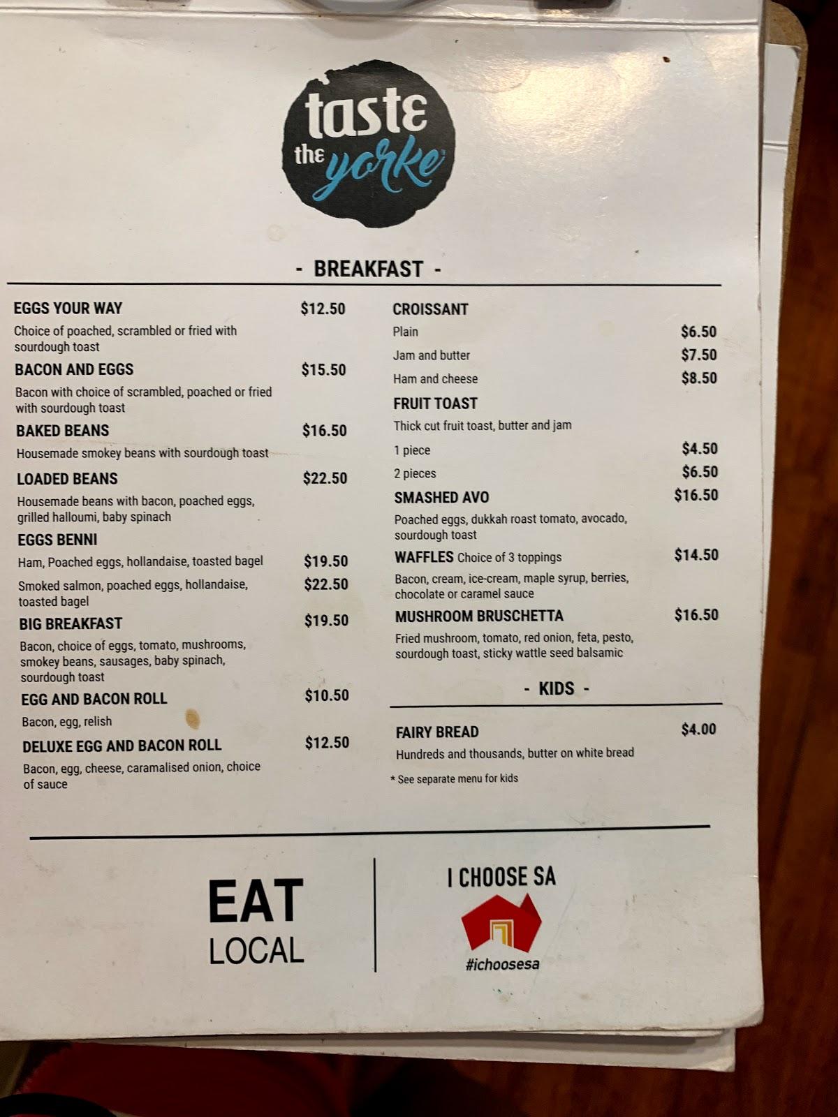 Menu at Taste the Yorke cafe, Moonta