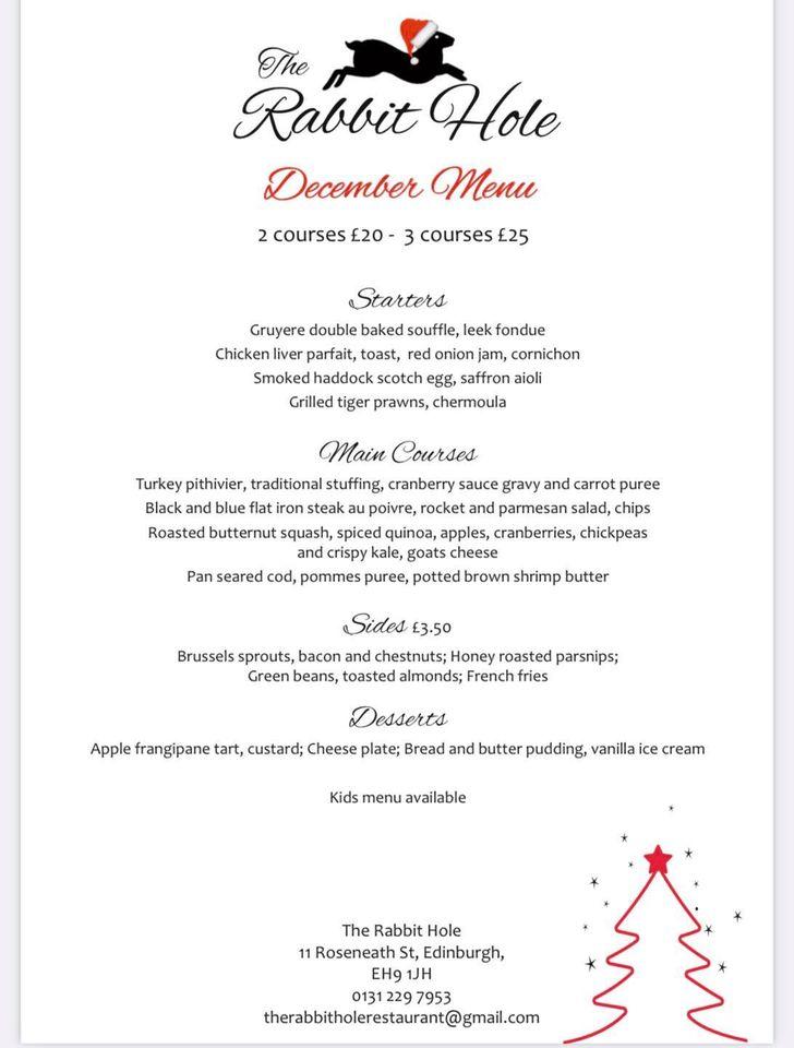 Menu at The Rabbit Hole restaurant, Edinburgh, 11 Roseneath St