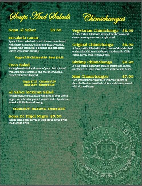 Menu at Al Sabor restaurant, West Jordan